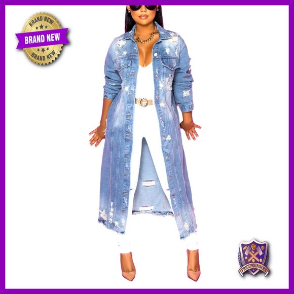 Jackets & Coats | Distressed Ripped Denim Trench Coat Slim Fit Casual ...